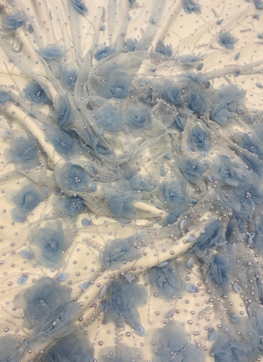 Embellished 3D Tulle (K25905) Pale Blue | Silk World